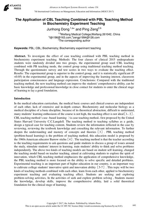 Pdf The Application Of Cbl Teaching Combined With Pbl Teaching Method In Biochemistry