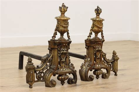 Pair Of Antique Classical Brass Fireplace Andirons Lions