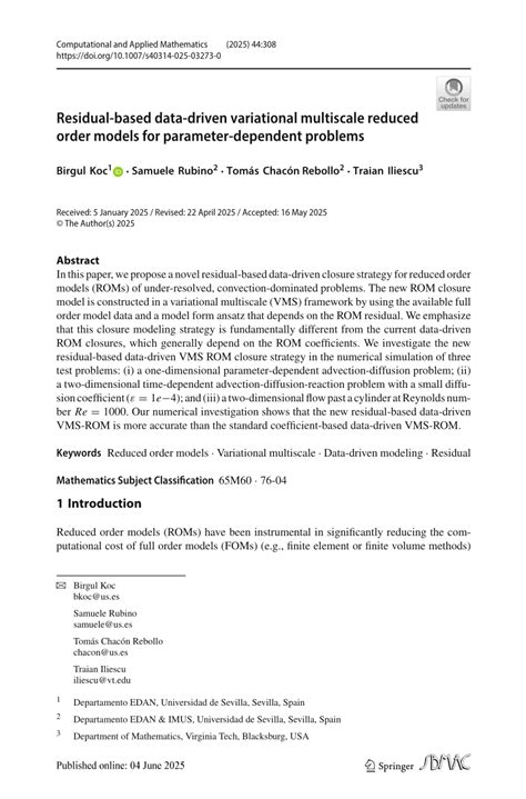 Pdf Residual Based Data Driven Variational Multiscale Reduced Order