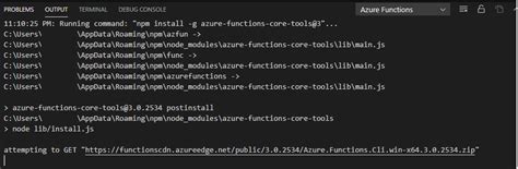 powershell azure functions core tools installation is stuck in visual