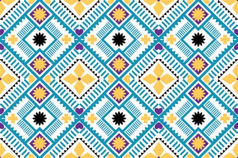 벽지 배경 직물 커튼 카펫 의류 및 포장 벡터 일러스트레이션을위한 다채로운 기하학적 민족 이음새가 없는 패턴 디자인 이카트에