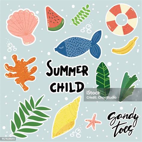 벡터 만화 스타일 여름 스티커그림과 글자 여름 휴가 및 휴가의 개념 개체 그룹에 대한 스톡 벡터 아트 및 기타 이미지 개체 그룹 격언 공휴일 Istock