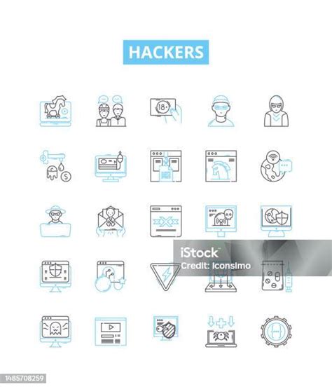 Hackers Vector Line Icons Set Hacking Cracker Malware Virus Exploit Phishing Cryptovirus