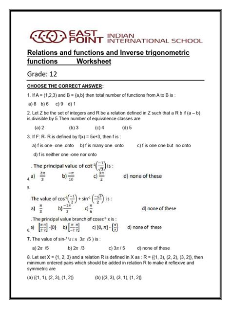 Gr 12 Relations Functions And Inv Trig Funs Worksheet Pdf Function