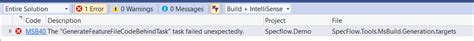 c the generatefeaturefilecodebehindtask task failed unexpectedly