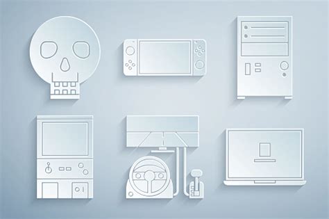 레이싱 시뮬레이터 조종석 컴퓨터 레트로 아케이드 게임기 노트북 휴대용 비디오 콘솔 및 두개골 아이콘을 설정합니다 벡터 3차원 형태에 대한 스톡 벡터 아트 및 기타 이미지