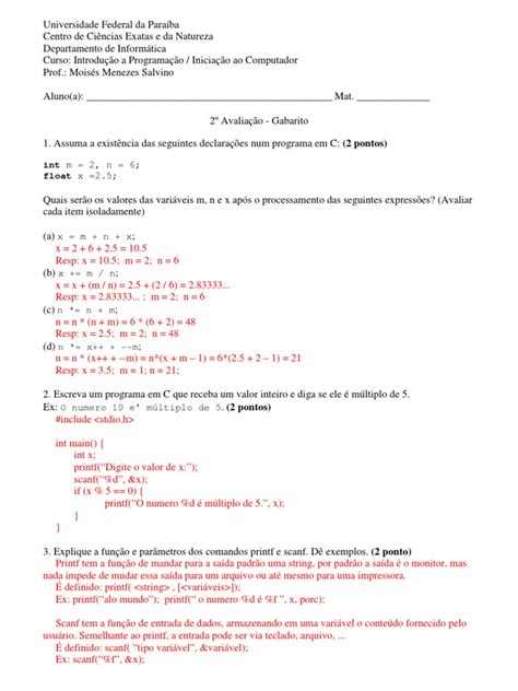 Gabarito Prova Introdução Programação Linguagem C Pdf
