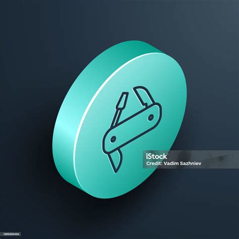 검은 색 배경에 고립 된 등색 라인 스위스 군용 칼 아이콘 다목적 펜나이프 다기능 도구 청록색 원 버튼 벡터 가위에 대한 스톡 벡터 아트 및 기타 이미지 Istock