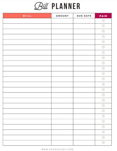 Free 6 Bill Planner Samples In Pdf