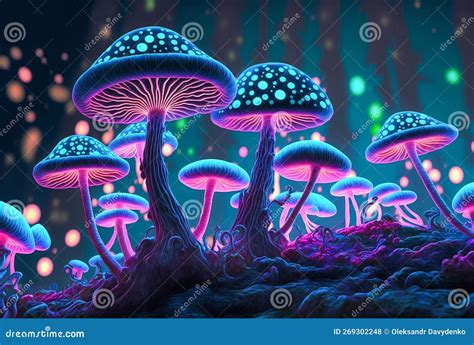 Glowing Spotted Fluorescent Mushrooms Mystic Luminescent Forest