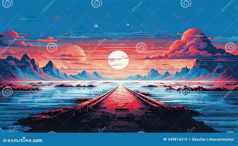 Pixel Dreams Retro Digital Computer Graphics Pixel Art Landscape Blue