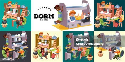 학생 아파트의 인테리어 및 기숙사 벡터 일러스트 레이 션의 건물의 기숙사에 다시 오신 화려한 플랫 세트 구성 룸메이트에 대한 스톡 벡터 아트 및 기타 이미지 Istock