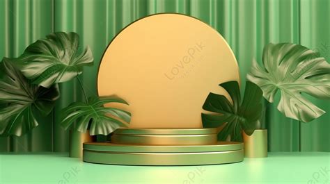 생생한 3d 제품 배치 열대 나무가 황금색 배경에 녹색 연단을 둘러쌉니다 연단 배경 제품 디스플레이 배경 녹색 나무 배경 이미지 Hd 연단 제품 디스플레이 녹색