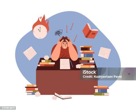 학생은 스트레스를 받고 학습에 어려움을 겪고 있으며 평면 벡터 일러스트레이션은 고립되어 있습니다 정신적 스트레스에 대한 스톡