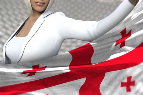 귀여운 비즈니스 여자는 현대 건축 배경에 앞에 조지아 플래그를 보유 플래그 개념 3d 그림 개념에 대한 스톡 사진 및 기타