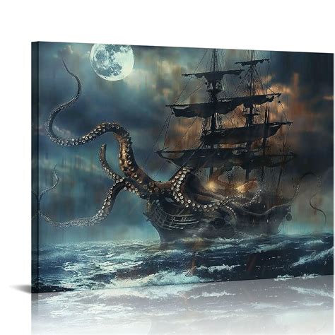 Acheng Canvas Print Wall Art Kraken Octopus Monster Pirate Ship Wall