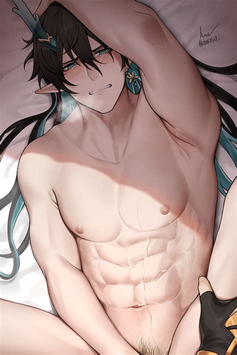 Rule 34 2boys Abs Asaifrit Black Hair Blue Highlights Bottom Male Bottomless Caelus Honkai