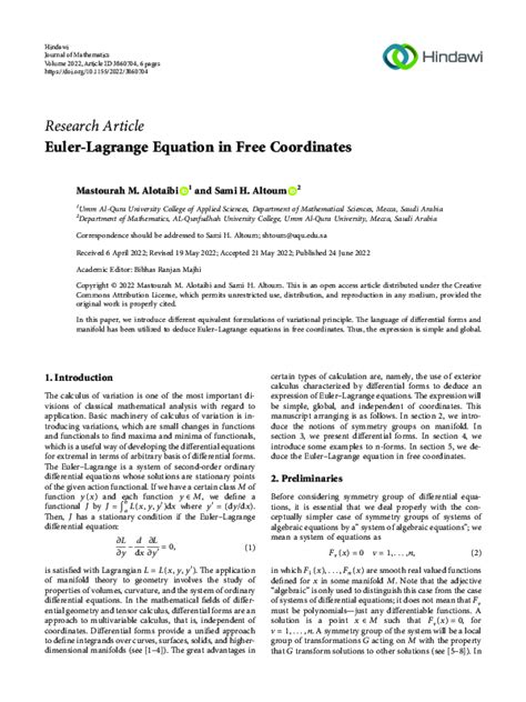 Pdf Euler‐lagrange Equation In Free Coordinates