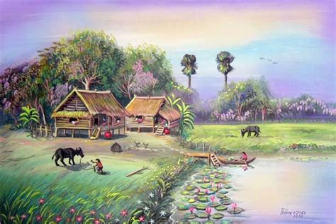 ภาพวิถีชีวิต แบบชนบทที่รัก การวาดภาพทิวทัศน์ ศิลปะชนบท ทิวทัศน์
