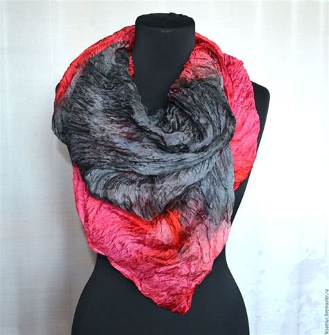 шарф женский шелковый жатый красно серый натуральный шёлк в интернет магазине на Ярмарке