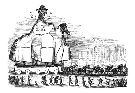 영국 풍자 만화 캐리커처 일러스트레이션 말 근처의 많은 사람들이 길 아래로 말에 남자의 매우 큰 동상을 당겨 19세기에 대한 스톡 벡터 아트 및 기타 이미지 Istock