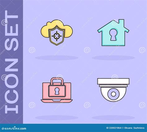 Set Security Camera Cloud And Shield Laptop Lock And House Under Protection Icon Vector Stock