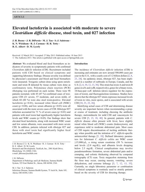 Pdf Elevated Lactoferrin Is Associated With Moderate To Severe Clostridium Difficile Disease