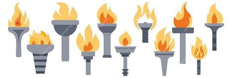 Collection Of Flame Torches In Flat Style Torch With Flame Icons Set Hand Drawn Vector Art
