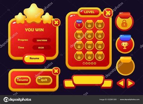 Set Game Assets Menu Buttons Popup Screens Settings Buttons Red Stock
