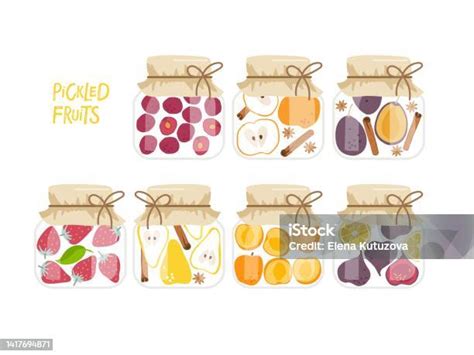 항아리는 과일과 열매를 보존했습니다 통조림 식품 세트 유리 항아리에 절인 과일을 손으로 그린 낙서가 흰색 배경에 고립되어 있습니다 식료품은 컨테이너를 보존합니다 플랫 벡터