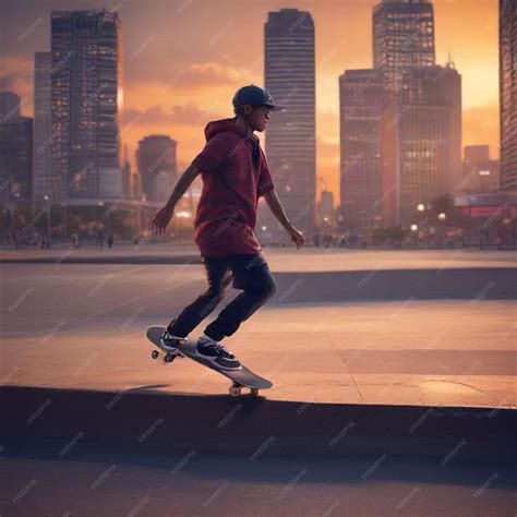 A Man Skateboarding In Front Of A City Skyline Premium Ai Generated Image