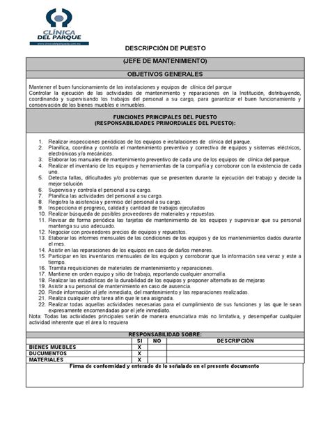 Funciones Del Jefe De Mantenimiento Pdf Business