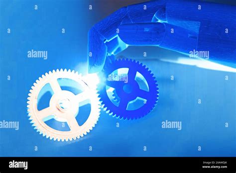 Robotics Hand With Gears On Blue Background Innovative Industrial Technology And Artificial