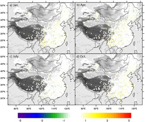 10 M Wind Speed Bias At Analysis Time For A January B April C