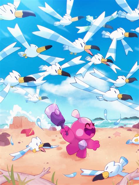 Safebooru Beach Bird Blue Sky Blush Stickers Bucket Closed Eyes