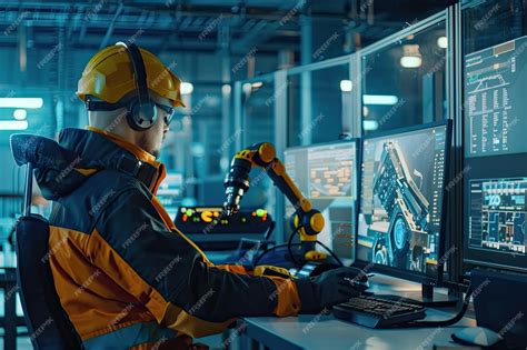 Premium Photo Engineer Monitors And Controls Robot Arm Automation In Smart Factory
