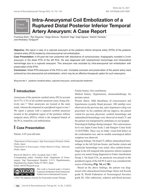 Pdf Intra Aneurysmal Coil Embolization Of A Ruptured Distal Posterior Inferior Temporal Artery