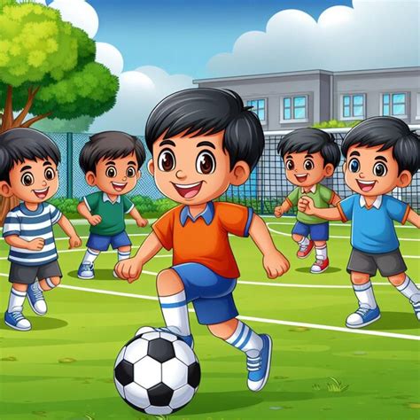 놀이터에서 축구를 하는 아이들 학교 이야기책에 대한 만화 일러스트레이션 Ai 이미지 프리미엄 사진