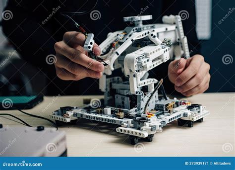 Robot In The Process Of Being Programmed With The Programmer Making Adjustments To Its Set Of