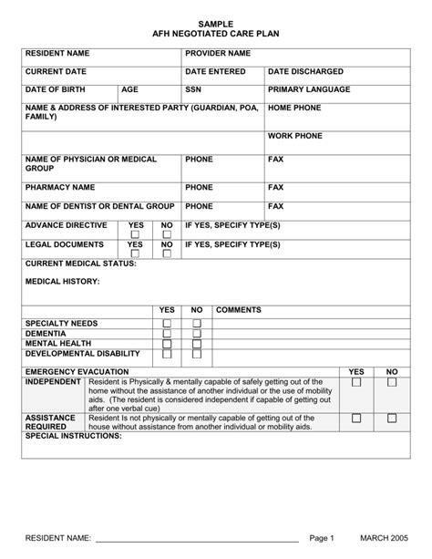 Afh Negotiated Care Plan Sample