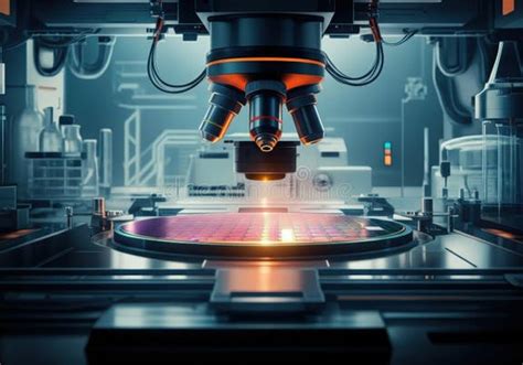 Advanced Microscope Examining A Silicon Wafer In A High Tech Lab Stock