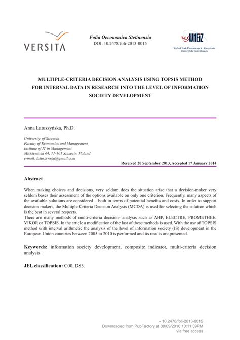 pdf multiple criteria decision analysis using topsis method for