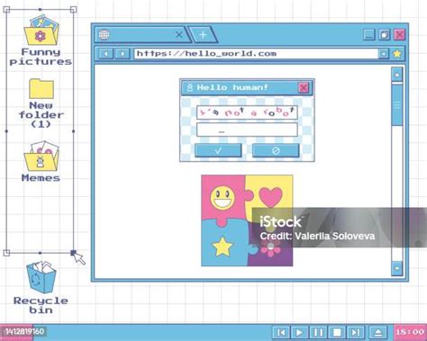 오래된 컴퓨터 스타일의 데스크탑 Ui 디자인 요소 아이콘 웹 브라우저 창 플레이어 버튼 선택 프레임 로봇 확인이 있는 대화 상자입니다 향수를 불러일으키는 90년대 복고풍