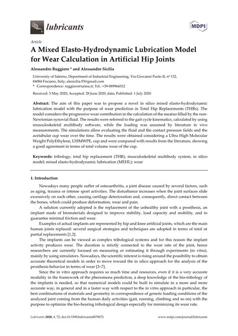 Pdf A Mixed Elasto Hydrodynamic Lubrication Model For Wear Calculation In Artificial Hip Joints