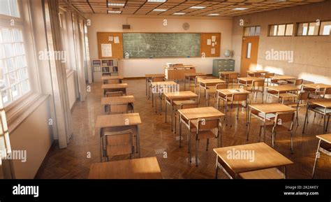Interior Of A Traditional Japanese School Classroom Made Of Wood Stock