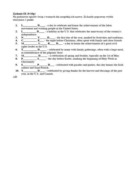 Holidays Additional Exercise Pdf