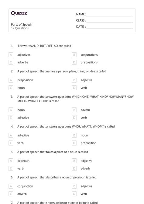 50 Parts Of Speech Worksheets For 7th Grade On Quizizz Free And Printable