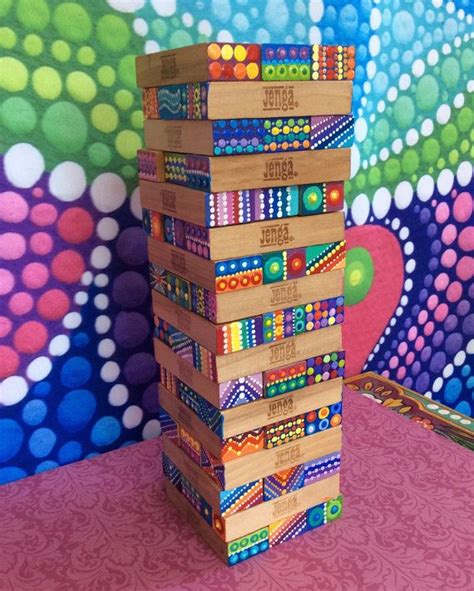 Upcycled Hand Painted Rainbow Funky Jenga Set School Auction Art
