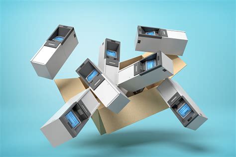 파란색 배경에 밖으로 날아 와 떠있는 여러 Atm의 전체 공기에 골판지 상자의 3d 렌더링 0명에 대한 스톡 사진 및 기타 이미지 Istock