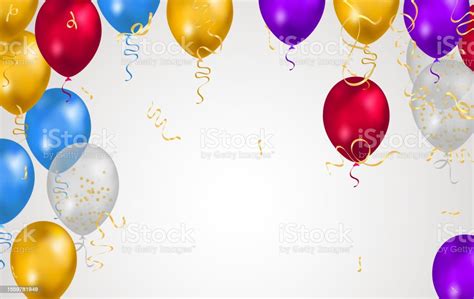 화려한 풍선과 색종이 조각이 있는 축하 배경 벡터 그림입니다 3차원 형태에 대한 스톡 벡터 아트 및 기타 이미지 3차원 형태